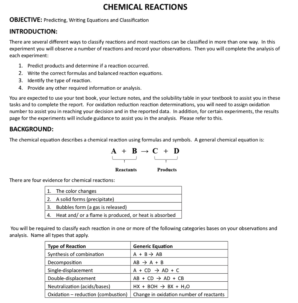 SOLVED: CHEMICAL REACTIONS OBJECTIVE: Predicting, Writing Equations ...