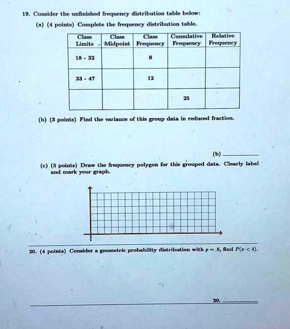 19. Consider the unfinished frequency distribution table below: (a) (4 points) Complete the ...