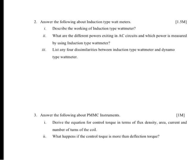 Solved 2 Answer The Following About Induction Type Watt Meters I