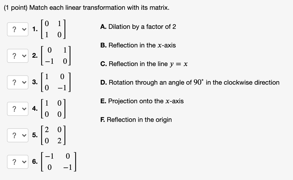 SOLVED: point) Match each linear transformation with its matrix A ...