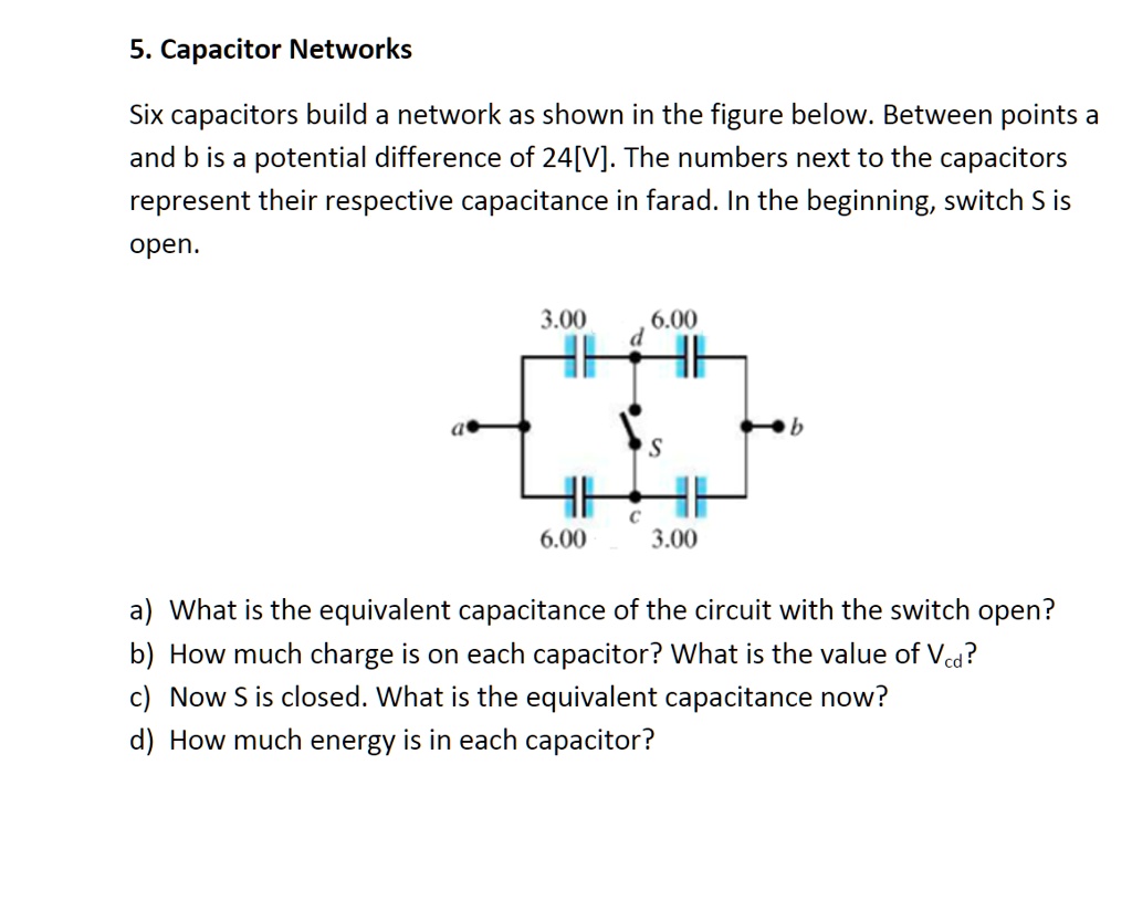 5. Capacitor Networks Six capacitors build a network as shown in the ...