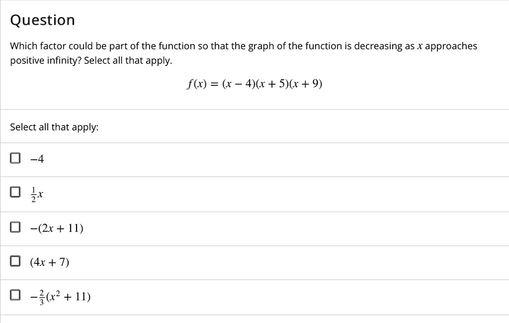 Question Which factor could be part of the function so that the graph ...