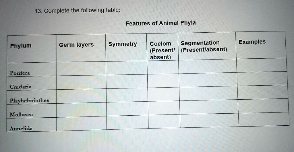 SOLVED: 13. Complete the following table: Features of Animal Phyla ...