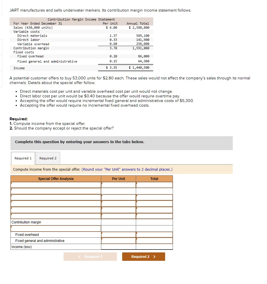 JART manufactures and sells underwater markers. Its contribution margin ...