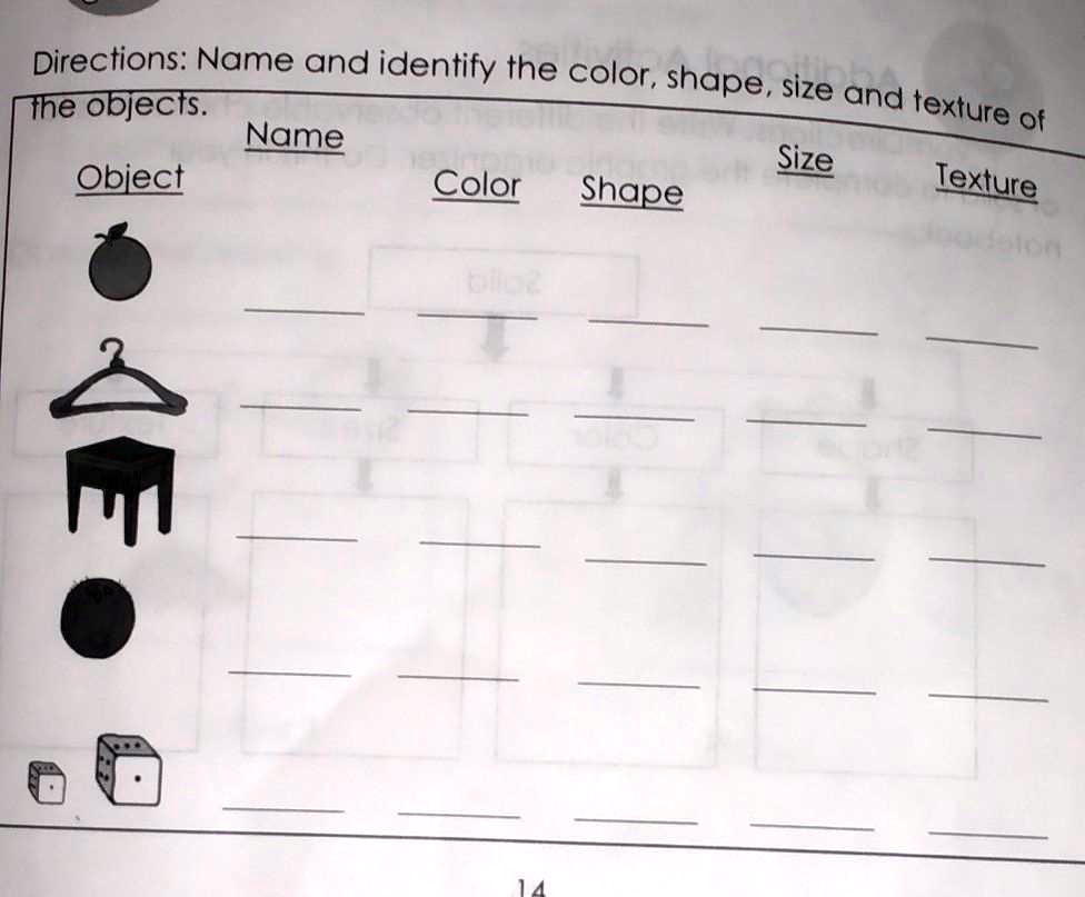 Directions: Name and identify the color, shape, size and...