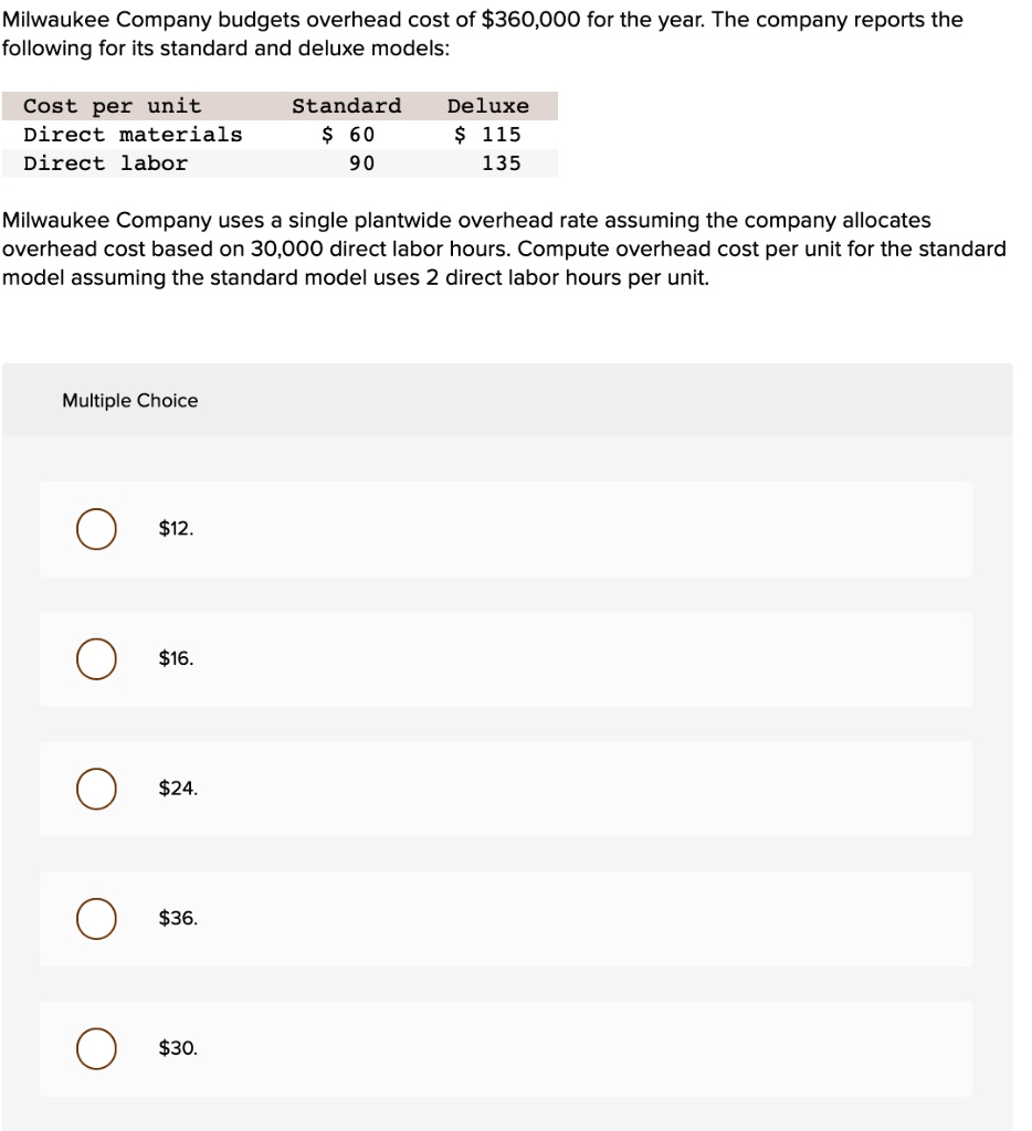 Milwaukee Company budgets overhead cost of 360,000 for the year. The ...
