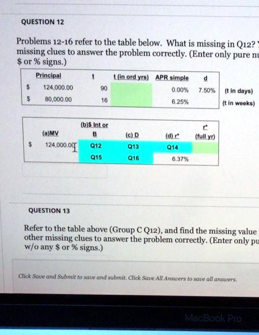 QUESTION 12 Problems 12-16 refer to the table below. What is missing in Q12? missing clues to ...