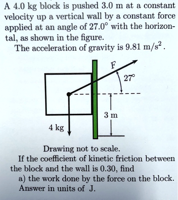 a 40 kg block is pushed 30 m at constant velocity up a vertical wall by constant force applied ...