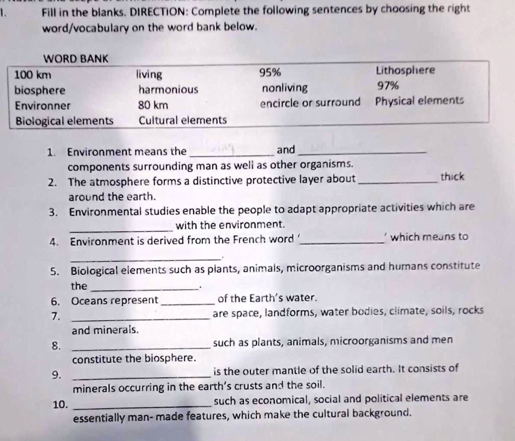 SOLVED: "Nature and Scope of Environmental Science Fill in the blanks ...