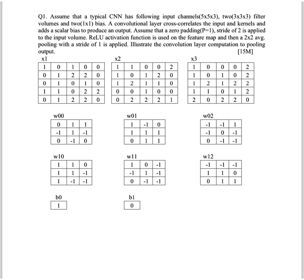 SOLVED: Q1. Assume that a typical CNN has the following input channels 5x5x3, two 3x3x3 filter ...