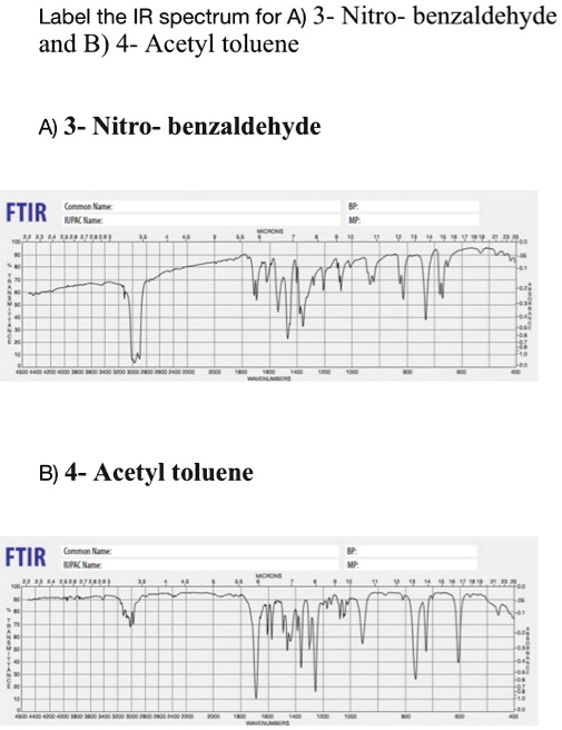 Text: Label the IR spectrum for A) 3-Nitro-benzaldehyde and B) 4-Acetyl ...