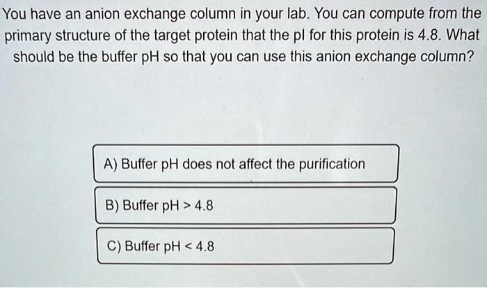 SOLVED: You have an anion exchange column in your lab. You can compute from the primary ...