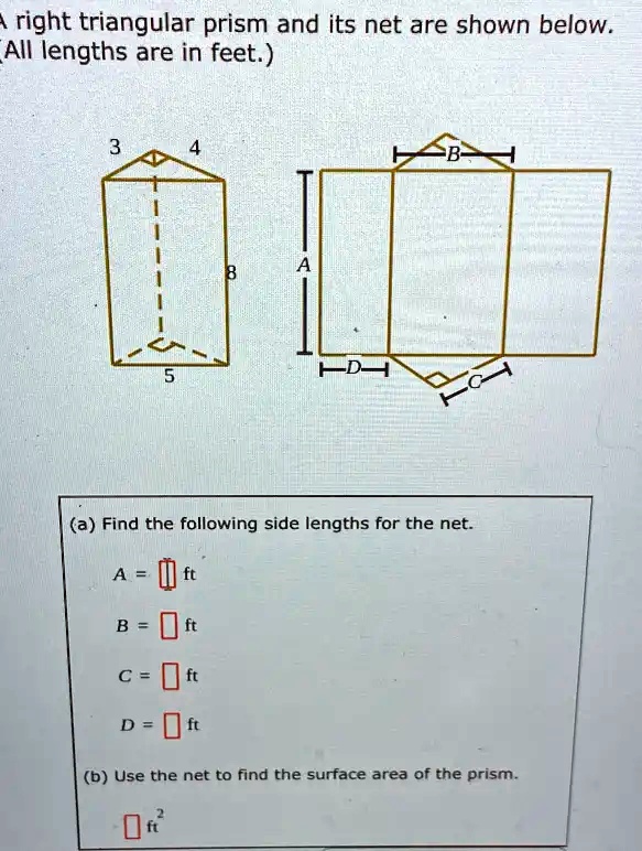 SOLVED: right triangular prism and its net are shown below: AIl lengths are in feet:) (a) Find ...