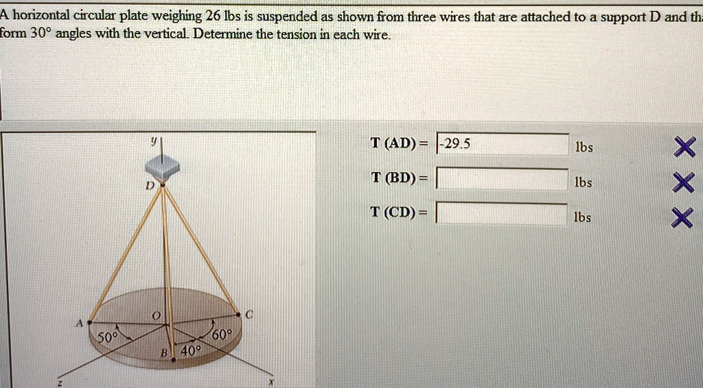 A horizontal circular plate weighing 26 lbs is suspended as shown from ...