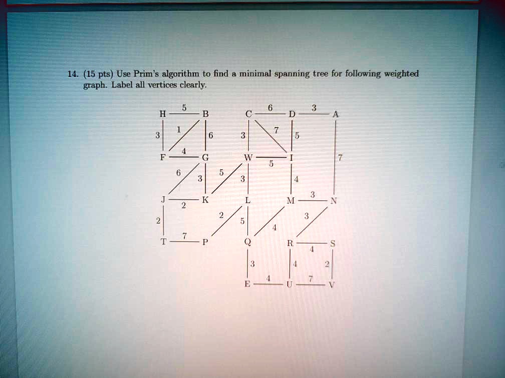 SOLVED: 14 (15 pts) Use Prim algorithm to find minimal spanning tree ... SOLVED: 14 (15 pts) Use Prim algorithm to find minimal spanning tree ...