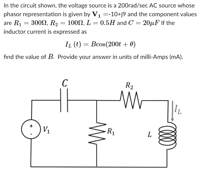 SOLVED: In the circuit shown, the voltage source is a 200 rad/sec AC source whose phasor ...