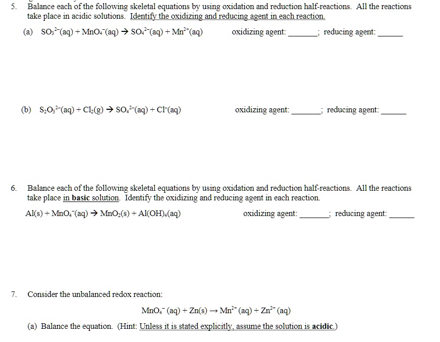 SOLVED: Balance each of the following skeletal equations by using oxidation and reduction half ...