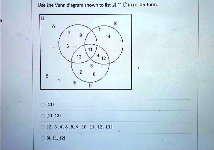 SOLVED: Use the Venn diagram shown to list A C in roster form. B A 3 9 ...
