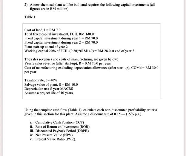 2) A new chemical plant will be built and requires the following ...