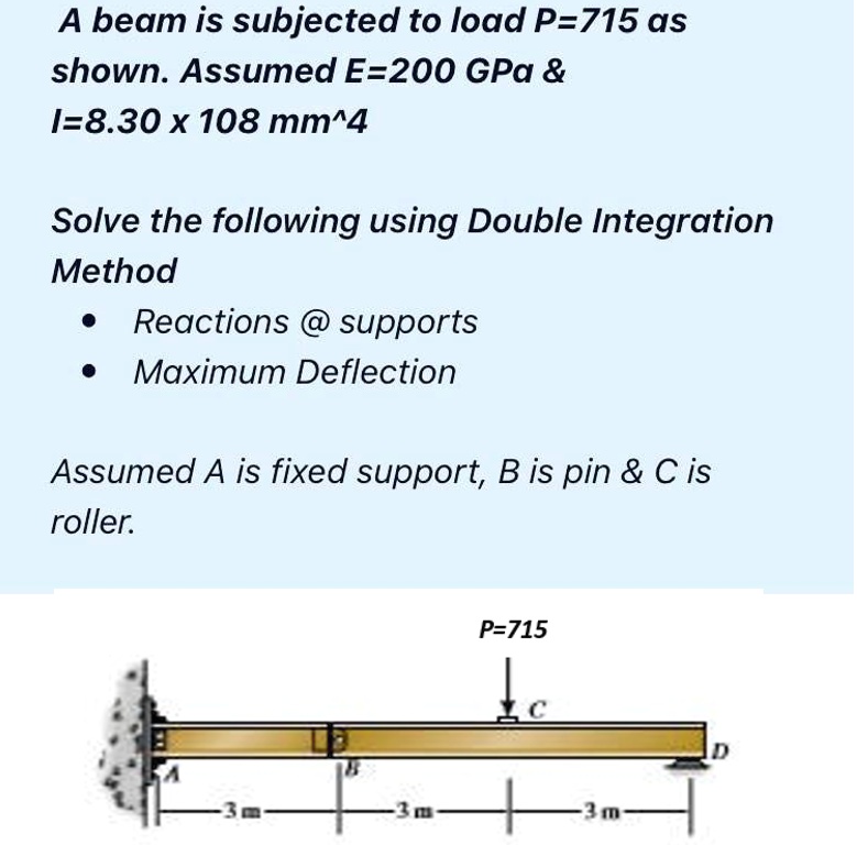 SOLVED: 'A beam is subjected to load P=715 as shown: Assumed E=200 GPa 1=8.30 x 108 mm4 Solve ...