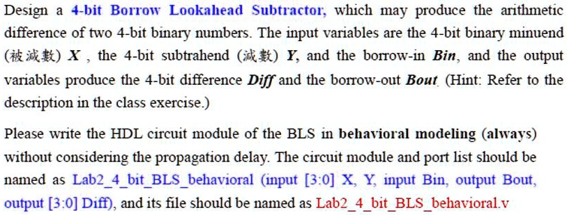 Design a 4-bit Borrow Lookahead Subtractor, which may produce the arithmetic difference of two 4 ...