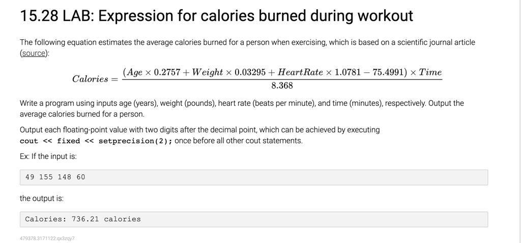 SOLVED: Please answer in C++ 1 5.28 LAB: Expression for calories burned ...