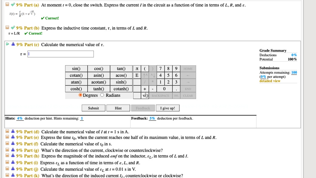 SOLVED: 9 % Part (a) At moment / = 0, close the switch: Express the current in tne circuit as ...