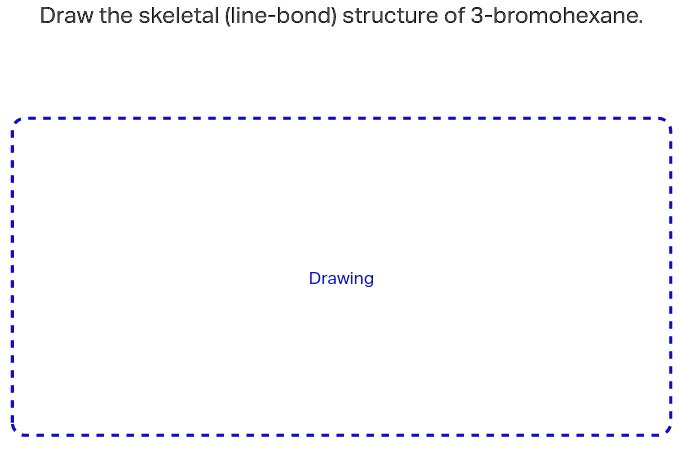 Draw the skeletal (line-bond) structure of 3-bromohexane.