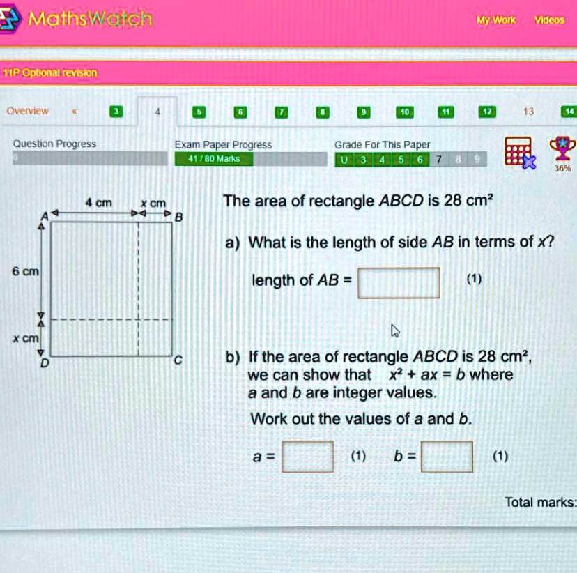 SOLVED: 41/80 Marks U 3 4 5 6 36% 4 cm x cm B The area of rectangle ...