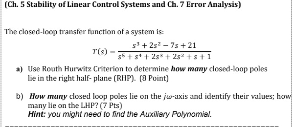 SOLVED: Text: (Ch.5 Stability of Linear Control Systems and Ch.7 Error Analysis) The closed-loop ...