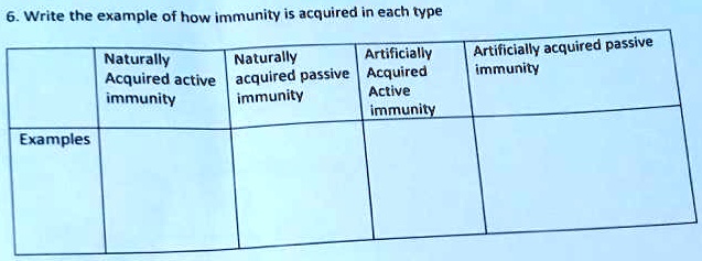 VIDEO solution: Write the example of how immunity is acquired in each ...