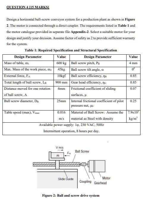 SOLVED: QUESTION 4 J15 MARKS Design a horizontal ball-screw conveyor ...