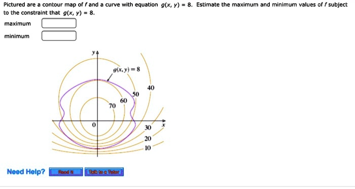 SOLVED: Pictured are a contour map of f and a curve with the equation g(x, y) = the constraint ...