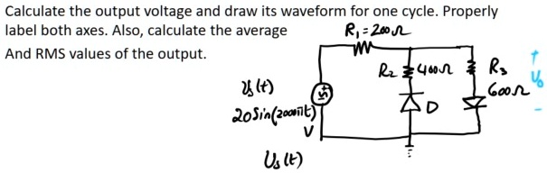 Calculate the output voltage and draw its waveform for one cycle. Properly label both axes. Also ...