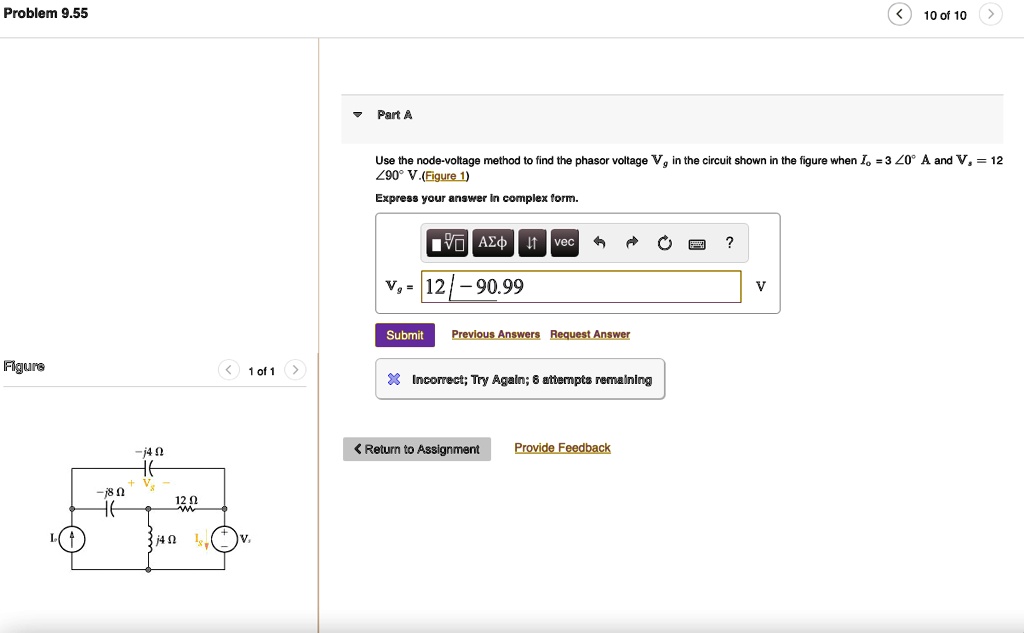 SOLVED: Problem 9.55 Part A Use the node-voltage method to find the phasor voltage Vg in the ...