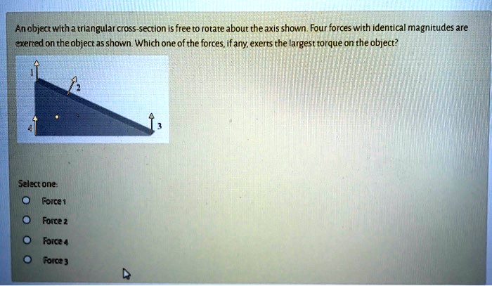 SOLVED: An object with 2 triangular cross-sections is free to rotate about the axis shown. Four ...
