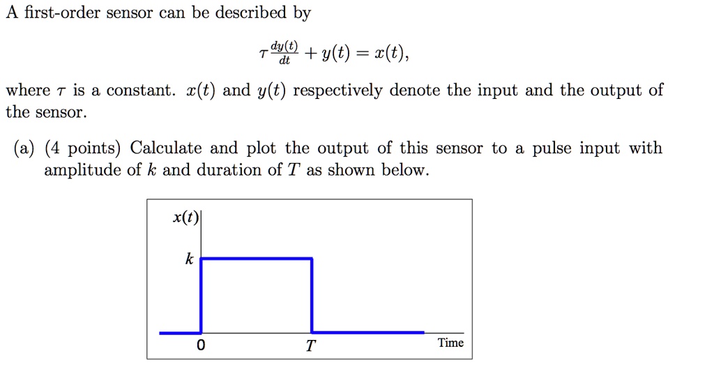 A first-order sensor can be described by τ(dy(t))/(dt) + y(t) = x(t ...