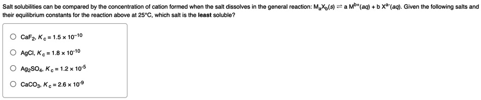SOLVED: Salt solubilities can be compared by the concentration of ...