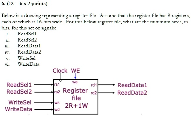 6. (12 = 6 x 2 points) Below is a drawing representing a register file ...