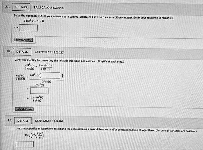 27. DETAILS LARPCALC11 5.3.018. Solve the equation. (Enter your answers ...