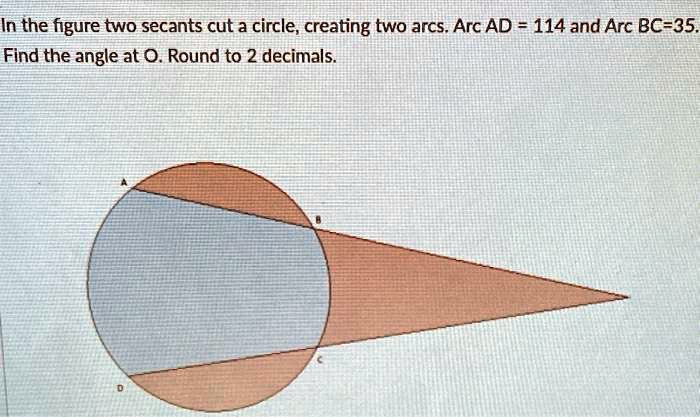 SOLVED: In the figure, two secants cut a circle, creating two arcs. Arc AD = 114 and Arc BC = 35 ...