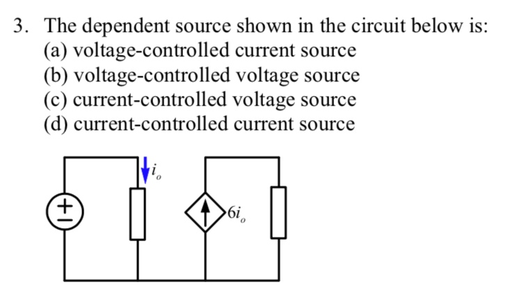 SOLVED: 3. The dependent source shown in the circuit below is: (a) voltage-controlled current ...