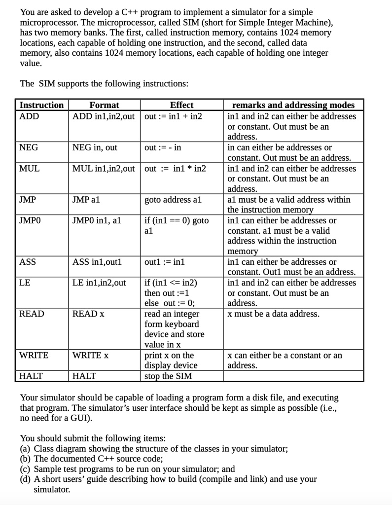 Solved You Are Asked To Develop A C Program To Implement A Simulator