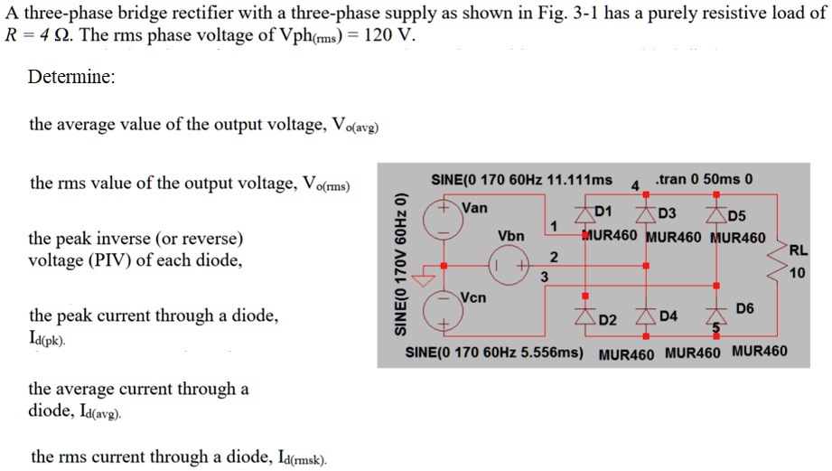 A three-phase bridge rectifier with a three-phase supply as shown in ...