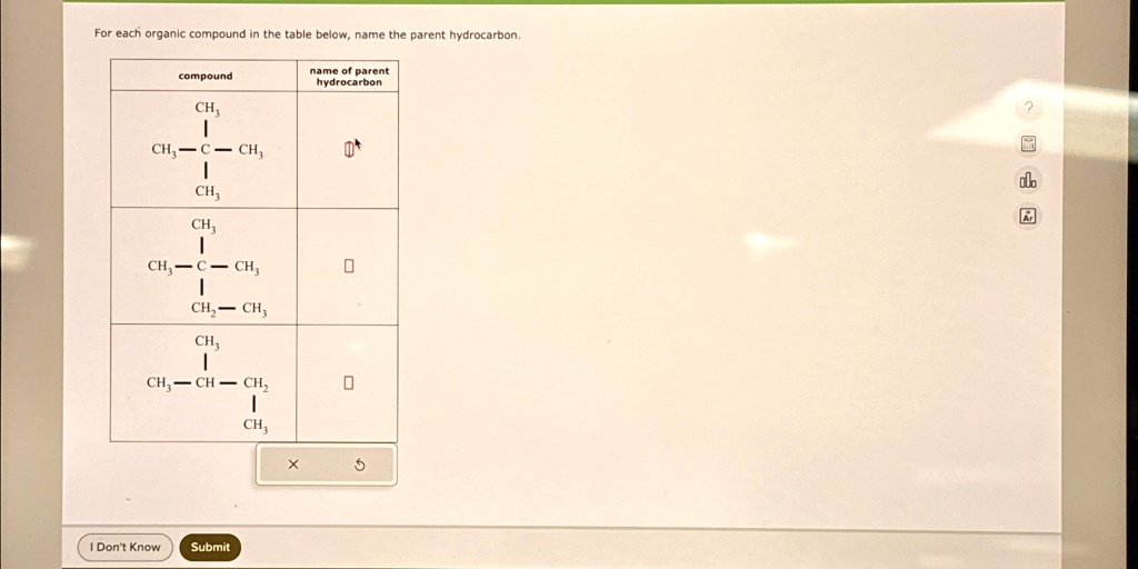 for each organic compound in the table below name the parent ...
