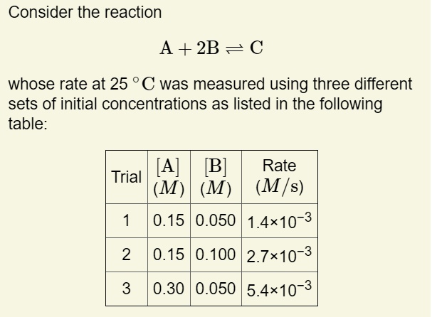SOLVED: Consider the reaction: A + 2B â†’ C whose rate at 25Â°C was ...