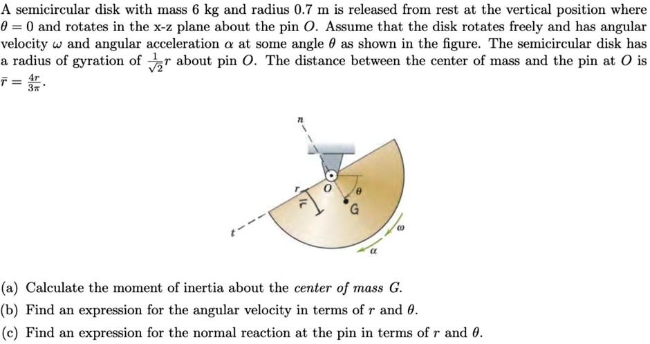 A semicircular disk with mass 6 kg and radius 0.7 m is released from ...