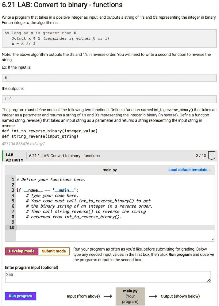 Solved 621 Lab Convert To Binary Functions Write A Program That Takes In A Positive Integer 
