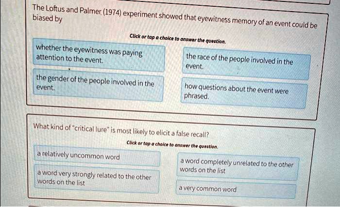 SOLVED: biased by The Loftus and Palmer(1974)experiment showed that ...