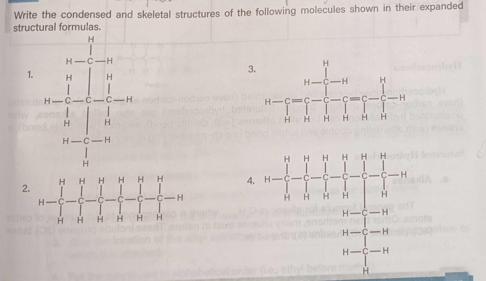 Write the condensed and skeletal structures of the following molecules shown in their expanded ...